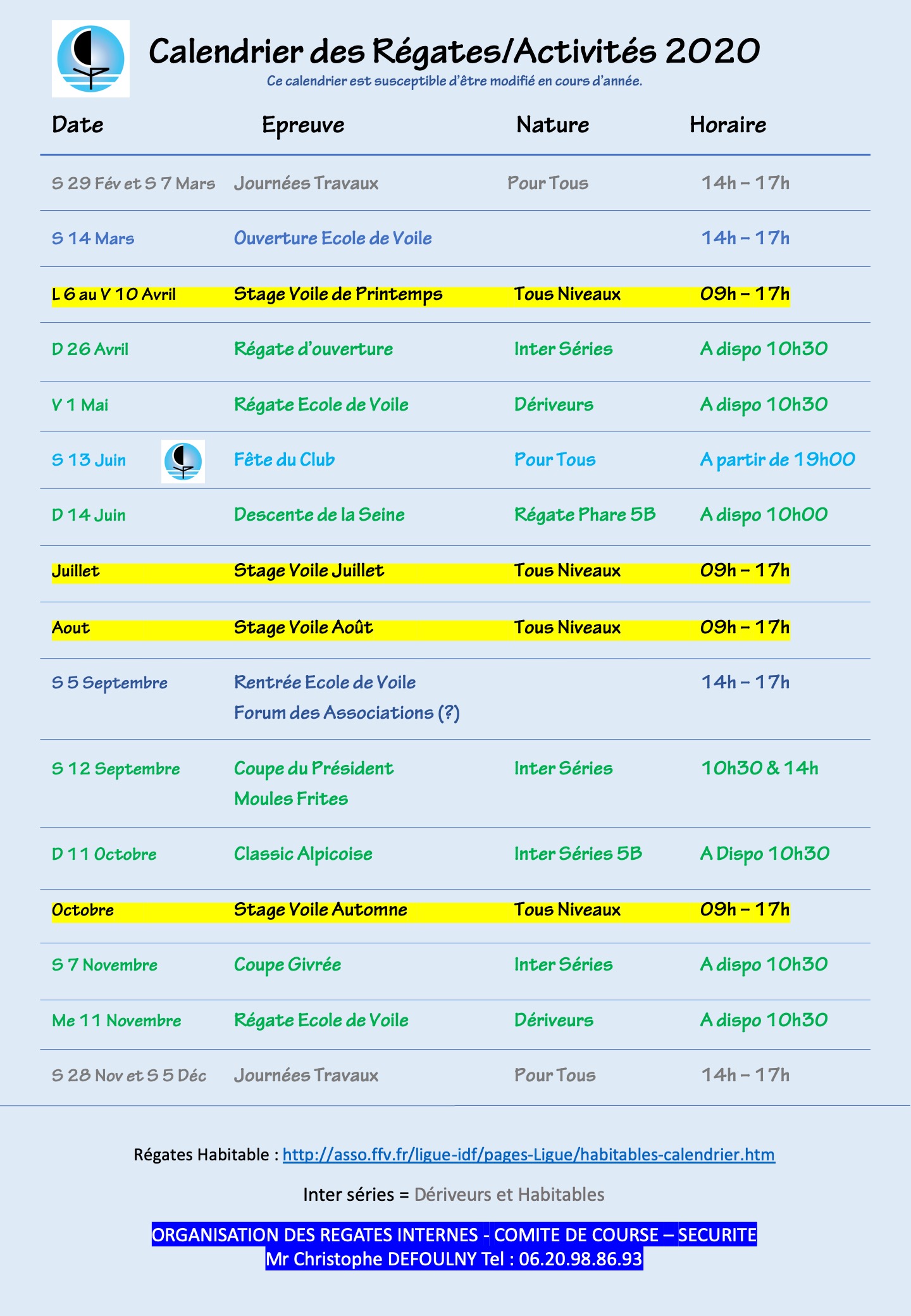 Calendrier 2020 | Yacht Club du Pecq